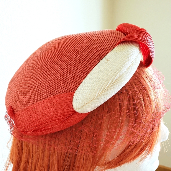 Vintage | Accessories | 94s White Red Turban Style Calot Half Hat Vtg ...